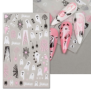 JMEOWIO 9 Sheets Pink Halloween Nail Art Stickers Decals Self-Adhesive Pegatinas Uñas Skull Cute Horror Ghost Witchy Spider Web Bat Pumpkin Nail Supplies Nail Art Design Decoration Accessories