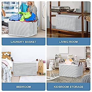 Extra Large Storage Basket organizer Fabric Storage Bin for shelf Closet Organizer Bin Collapsible Storage Box with PU Leather Handles and Drawstring Closure (Waterproof Lining, Grey Stripe,2Pack)