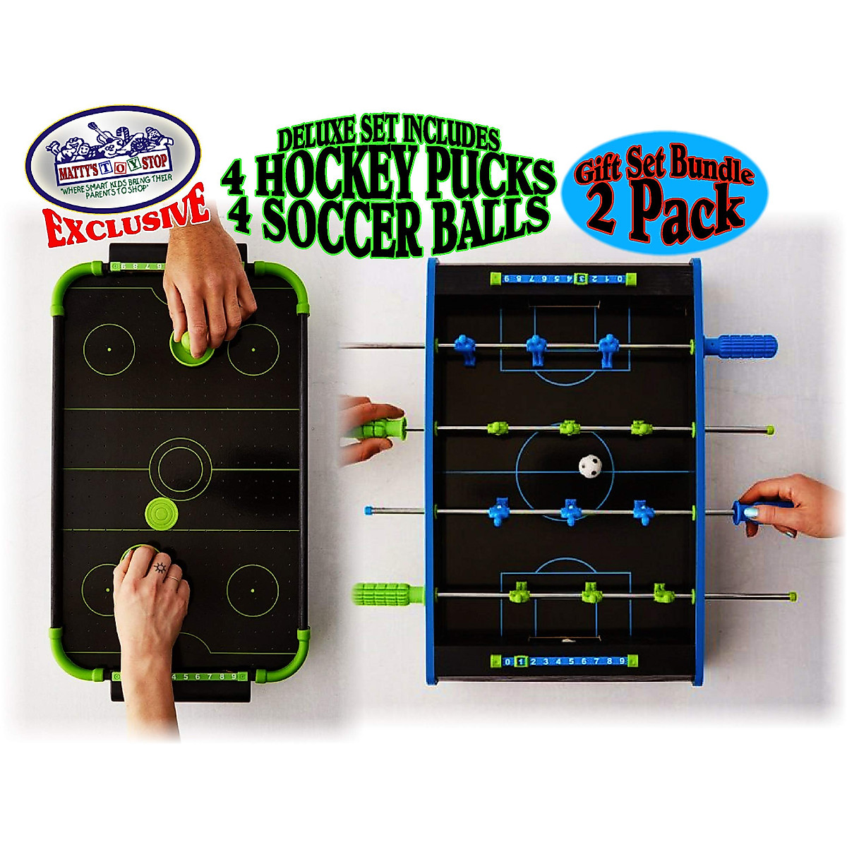 Matty's Toy Stop Deluxe 20" Wooden Tabletop NEON Air Hockey (Extra Pucks) & NEON Foosball (Soccer) (Extra Balls) Games Gift Set Bundle - 2 Pack