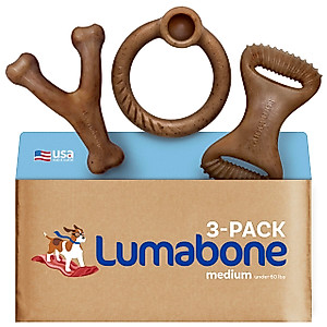 Lumabone Real Bacon Medium 3-Pack Durable Dog Chew Toys for Aggressive Chewers, Made in USA & Real Bacon 3-Pack Dog Toys for Aggressive Chewers,Wishbone, Dental Chew, Ring Bacon Medium