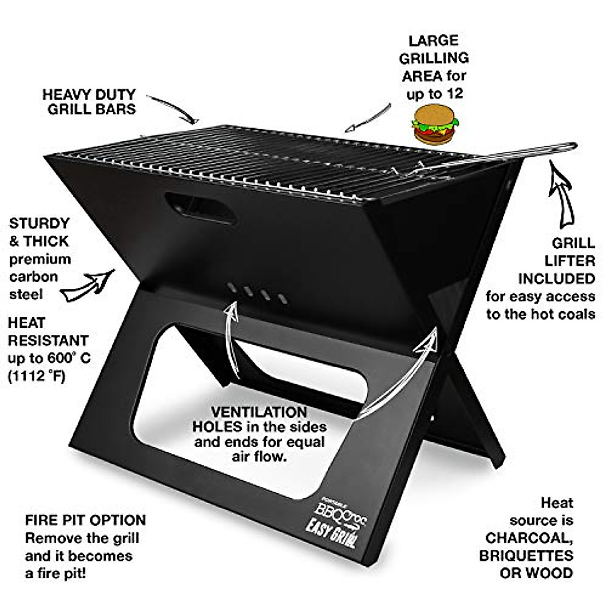 Portable BBQCroc Easy Grill - BBQ Croc NEXT GENERATION OF X GRILLS - Premium Foldable Charcoal Barbecue Extra Large Grilling Surface, with Travel Bag & Grill Lifter