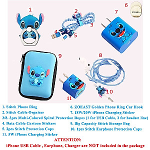 ZOSTLAND Blue ET Monster Set DIY Protectors Phone Ring Data Cable 5W 18W 20W USB Charger Data Line Earphone Wire Saver Protector Compatible iPhone 7 8 Plus X 11 12 13 14 15 Max iWatch (Upgrade Alien)