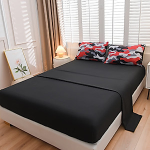 Meeting Story Camouflage Bedding Set, Colorful Pattern Style Comforter Set, 5 PCS One Comforter Two Pillowcases Two Sheets in One Bag, All Season Bedspread for Teens Adults (Red-Black, Full 5Pcs)