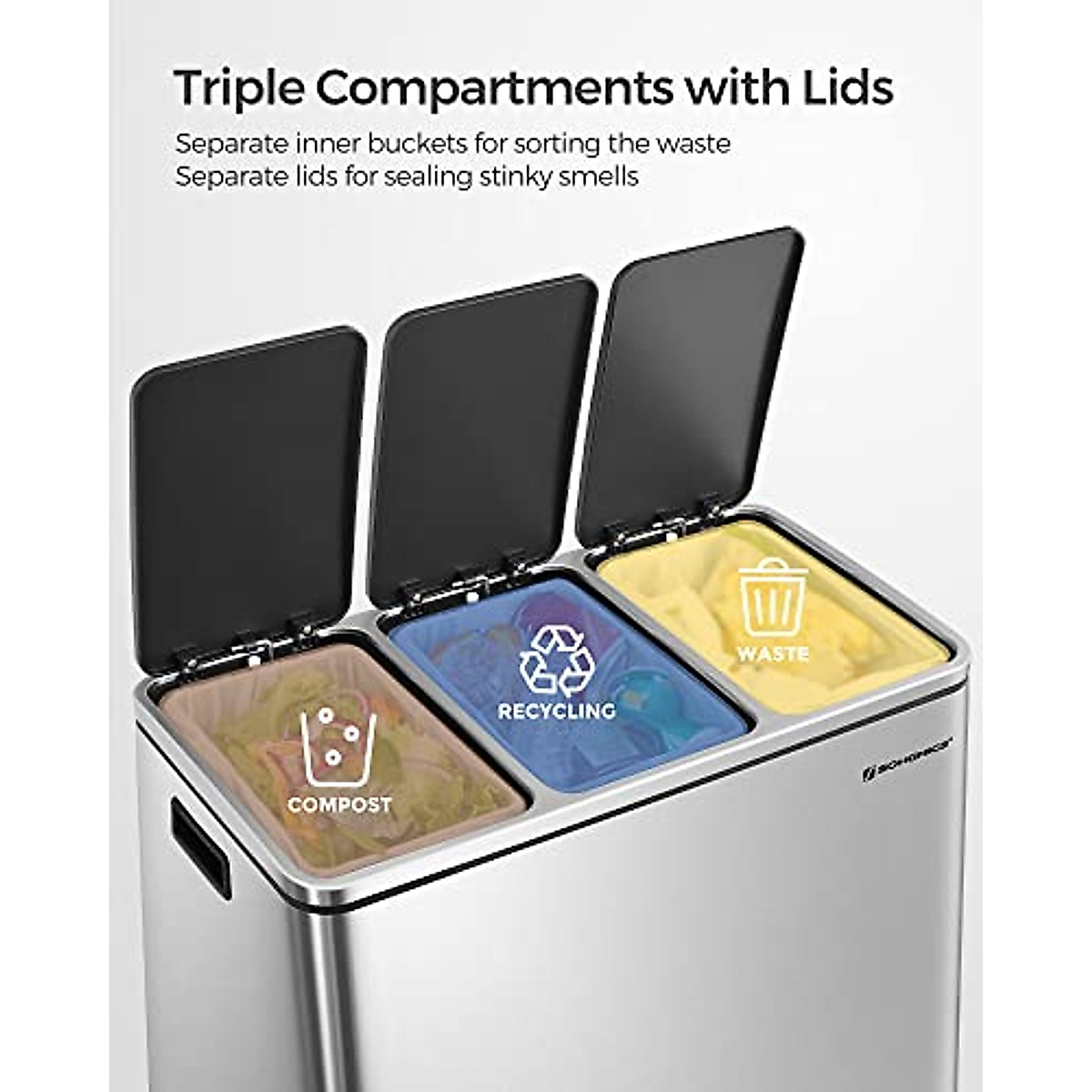SONGMICS Trash Can, 3 x 4.8 Gallon Garbage Can, 14.4 Gallon Recycle Bin with Soft-Close Lids, Pedals, and Inner Buckets for Kitchen, Stainless Steel, Silver and Black ULTB54NL