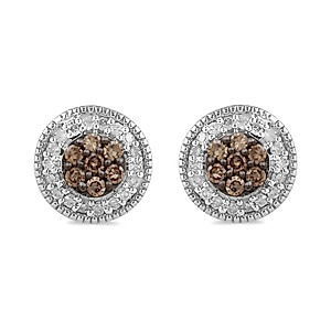 Jewelili Sterling Silver Stud Earrings with Natural White and Champagne Round Diamonds, 1/4 cttw