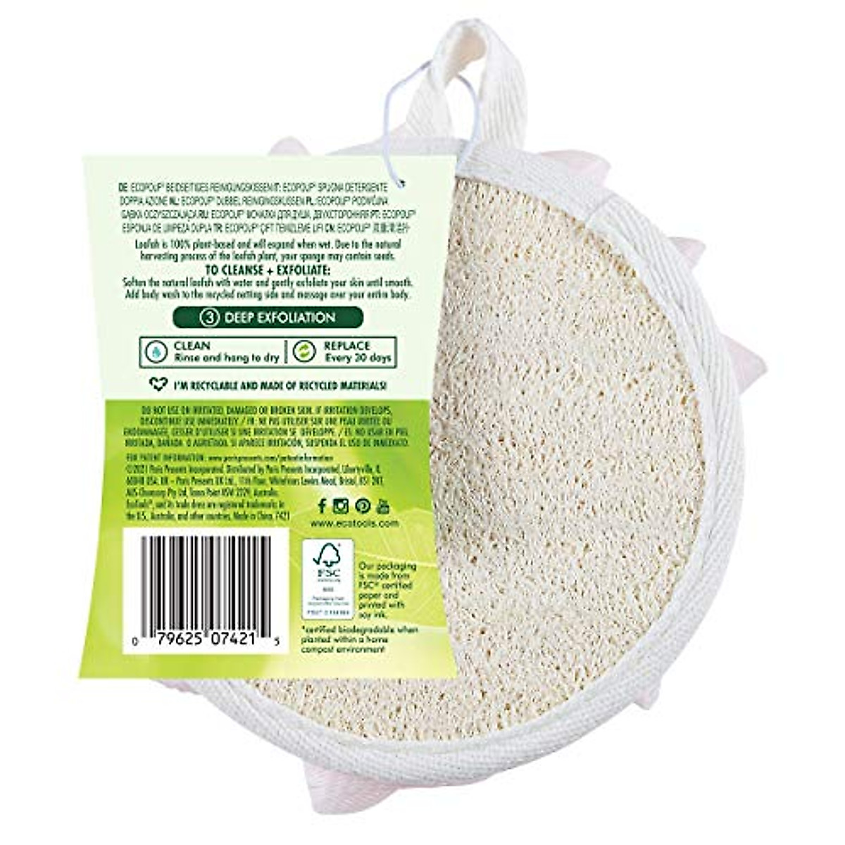 EcoTools EcoPouf Dual Cleansing Pad, Gentle Cleansing Body Scrubber, Exfoliating for Shower & Bath, Pink, 4 Count