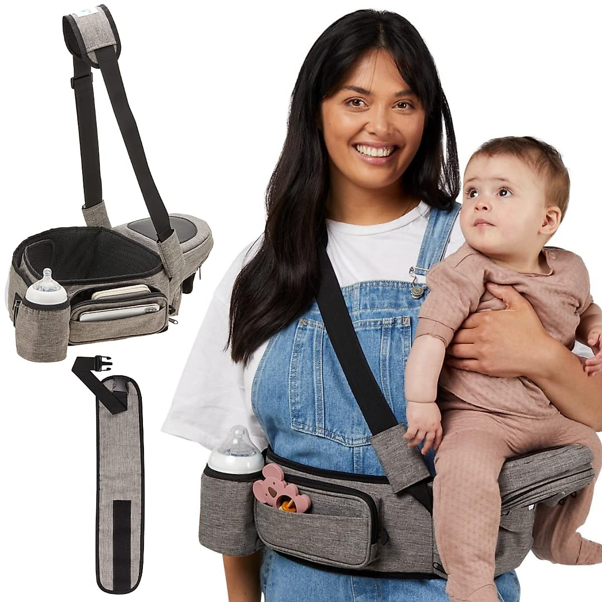 CLOUD MUM INC Ergonomic Baby Hip Carrier seat - Comfortable & CPC Certified, 5 Pockets, Shoulder Support, Waist Extender and Bottle Insulator, 7-66 lbs. - Perfect for Newborns to 36 Months (Grey)