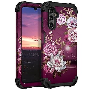Hocase Heavy Duty Shockproof Protection Soft Silicone Rubber Bumper+Hard Plastic Hybrid Protective Case for Samsung Galaxy A14 5G (6.6" Display) 2023 - Burgundy Flowers