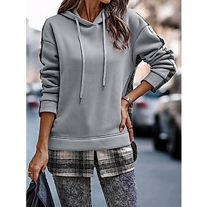KIRUNDO Womens Hoodies Fashion Fall Casual Long Sleeve Plaid Patchwork Hooded Sweatshirts Y2K Clothes Pullover(Grey, Large)