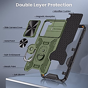 VEGO for Galaxy S23 Case, Samsung S23 Case with Slide Camera Cover Magnetic Absorption, Built-in 360°Rotate Ring Stand & Sponge Cushion with Microfiber Lining Phone Case for Samsung Galaxy S23 - Green