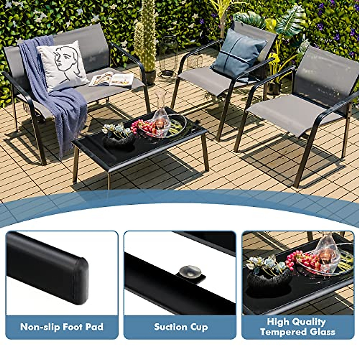 Tangkula 4 Pieces Patio Furniture Set, Outdoor Conversation Set with Tempered Glass Coffee Table, Outdoor Bistro Set with Fabric and Anti-Rust Steel Frame for Garden, Poolside and Backyard (Gray)