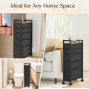 LASZOLA 5 Drawer Narrow Dresser Slim Cabinet Skinny Storage Tower Chest, Ideal for Small Spaces Bathroom Bedroom, Between Washer and Dryer, Lightweight Mobile on Wheels, Sturdy Fabric Drawers, Black