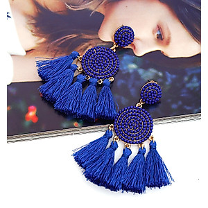 XOCARTIGE Tassel Earrings Thread Fringe Chandelier Drop Dangle Earrings Bohemia Beaded Disc Stud Earring for Women(Blue)