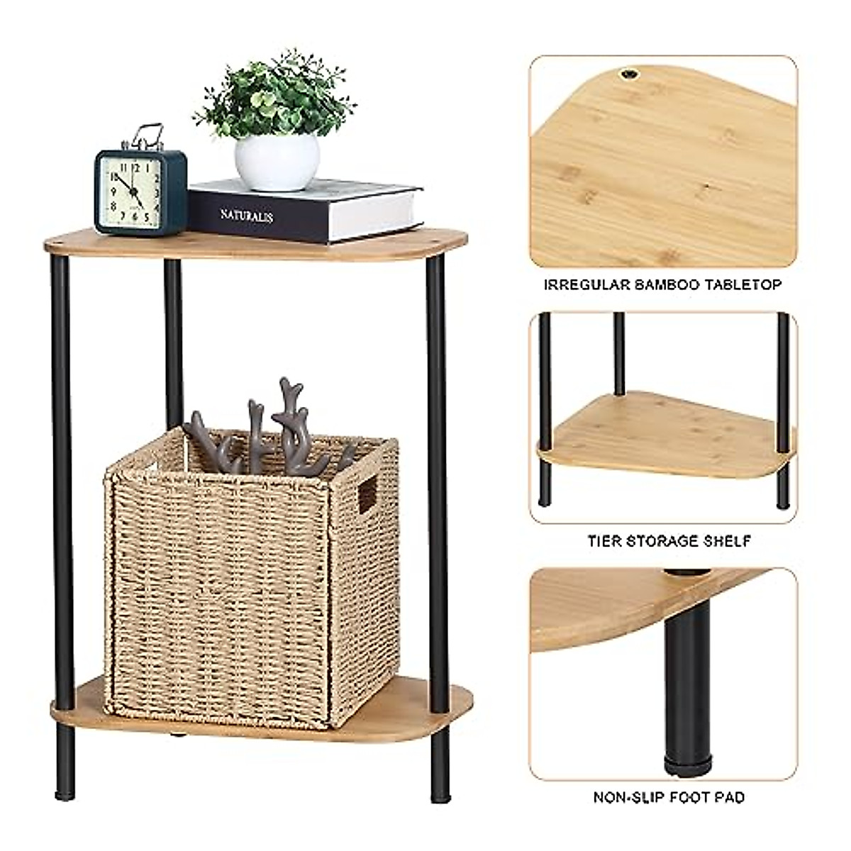 Small Side Table Set of 2, 2 Tier Bamboo End Table Corner Table Wedge Snack Table with Rounded Corner for Small Space, Living Room, Natural Bamboo