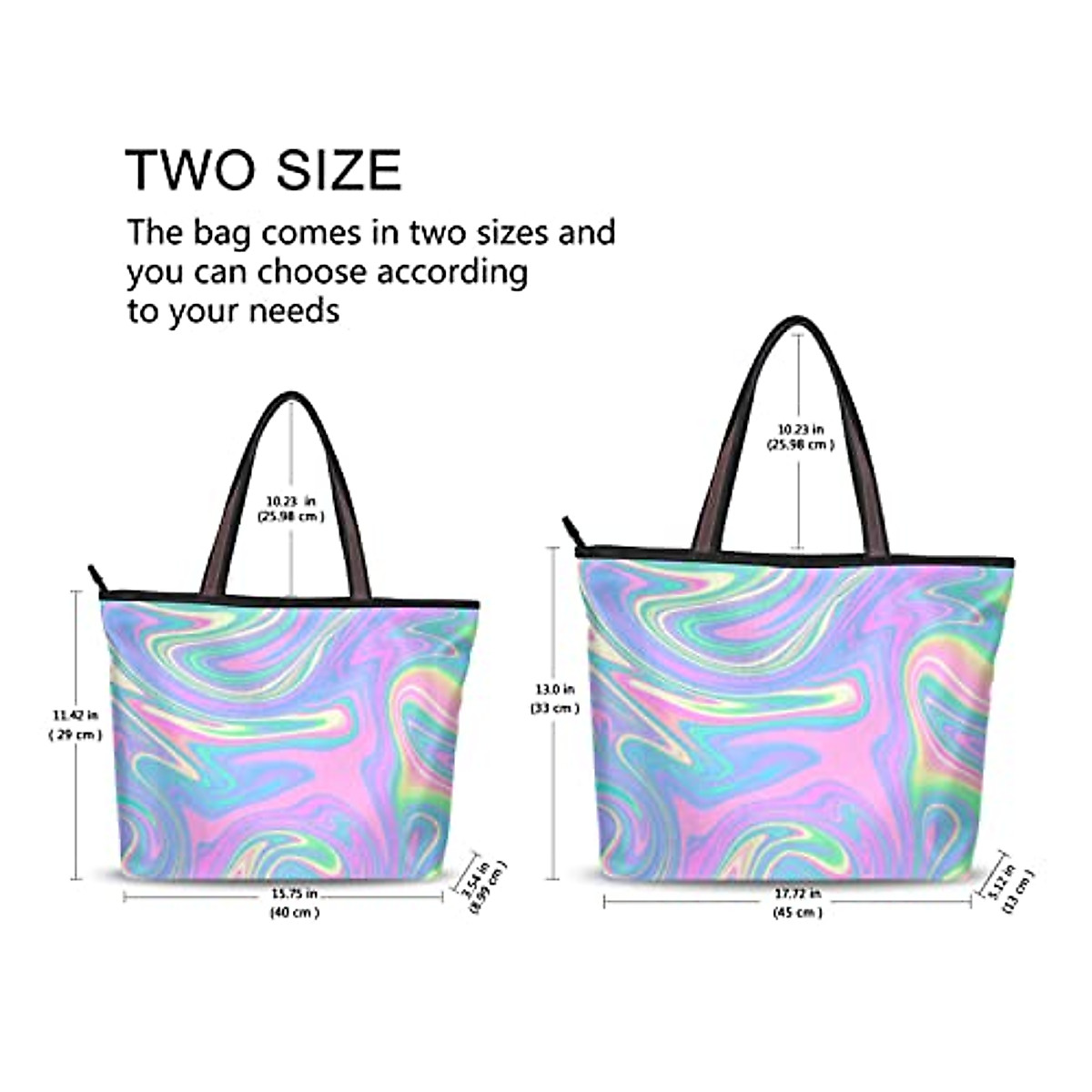 Bolaz Tote Bag with Pockets for Women Rainbow Marble Holographic Shoulder Bag Handbags Zipper Small Travel Office Business
