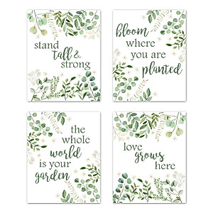 Sweet Jojo Designs Floral Leaf Wall Art Prints Room Decor for Baby, Nursery, and Kids - Set of 4 - Green and White Boho Watercolor Floral Leaf Botanical Woodland Tropical Garden