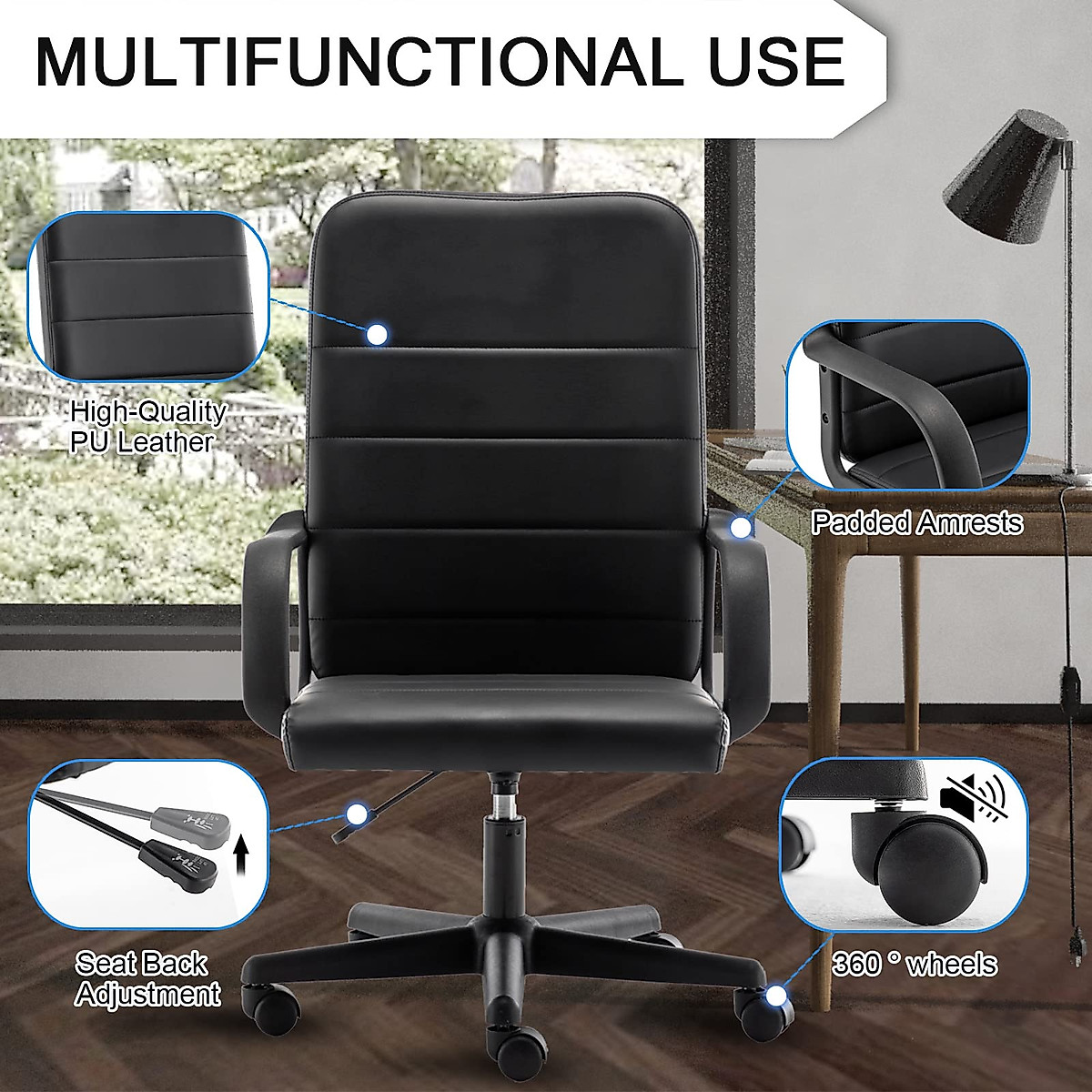 Black Office Desk Chair Set of 2 Leather Home Office Chair Ergonomics Computer Desk Chairs Comfortable Office Chair with Wheels Arm for Executive Task Work and Student