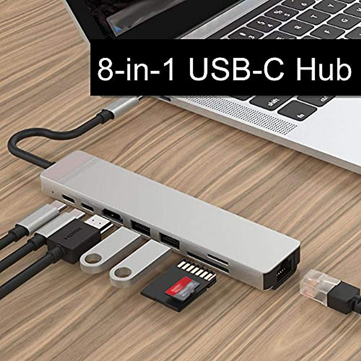 USB C Hub, 8-in-1 USB C Adapter with 4K, USB-C to Type-C USB 3.0 Hub RJ45 Ethernet Mini SDTF OTG Adapter