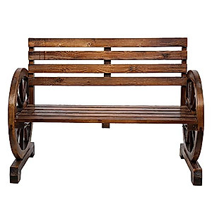 Volowoo Wooden Wagon Wheel Bench,Rustic 2-Person Wooden Seat Wagon Wheel Bench with Slatted Seat and Backrest, Brown