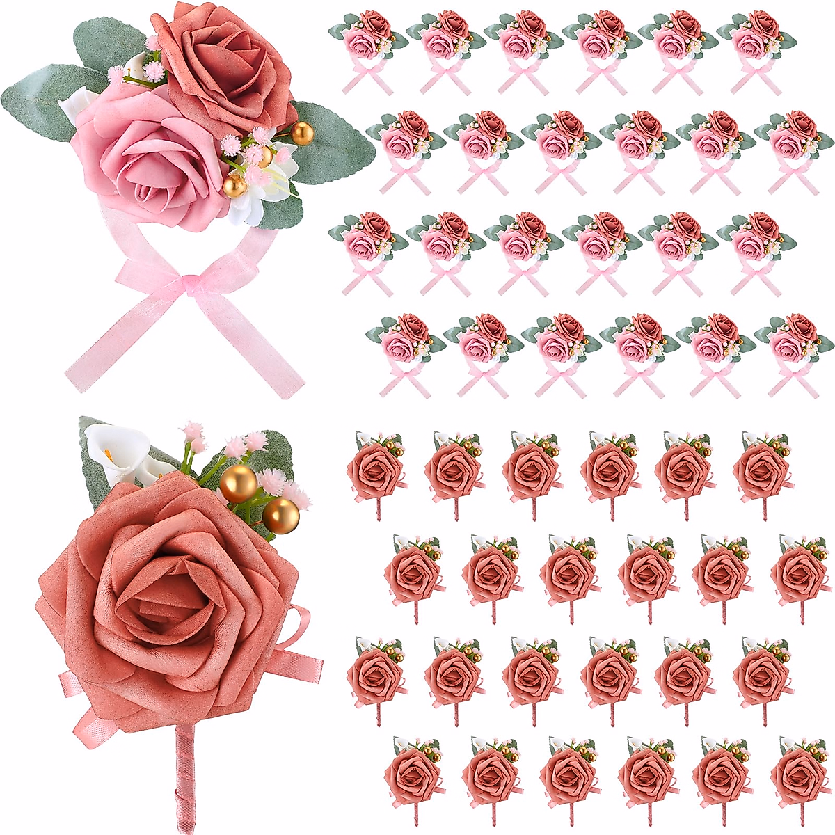 Ceenna Rose Flower Wrist Corsage Boutonniere Set Handmade Floral Wristlet Band Bracelet Bridegroom Men's Boutonniere Wedding Wristlet Hand Flower for Prom Party Bouquets, Dark Pink(Stylish, 48 Pcs)
