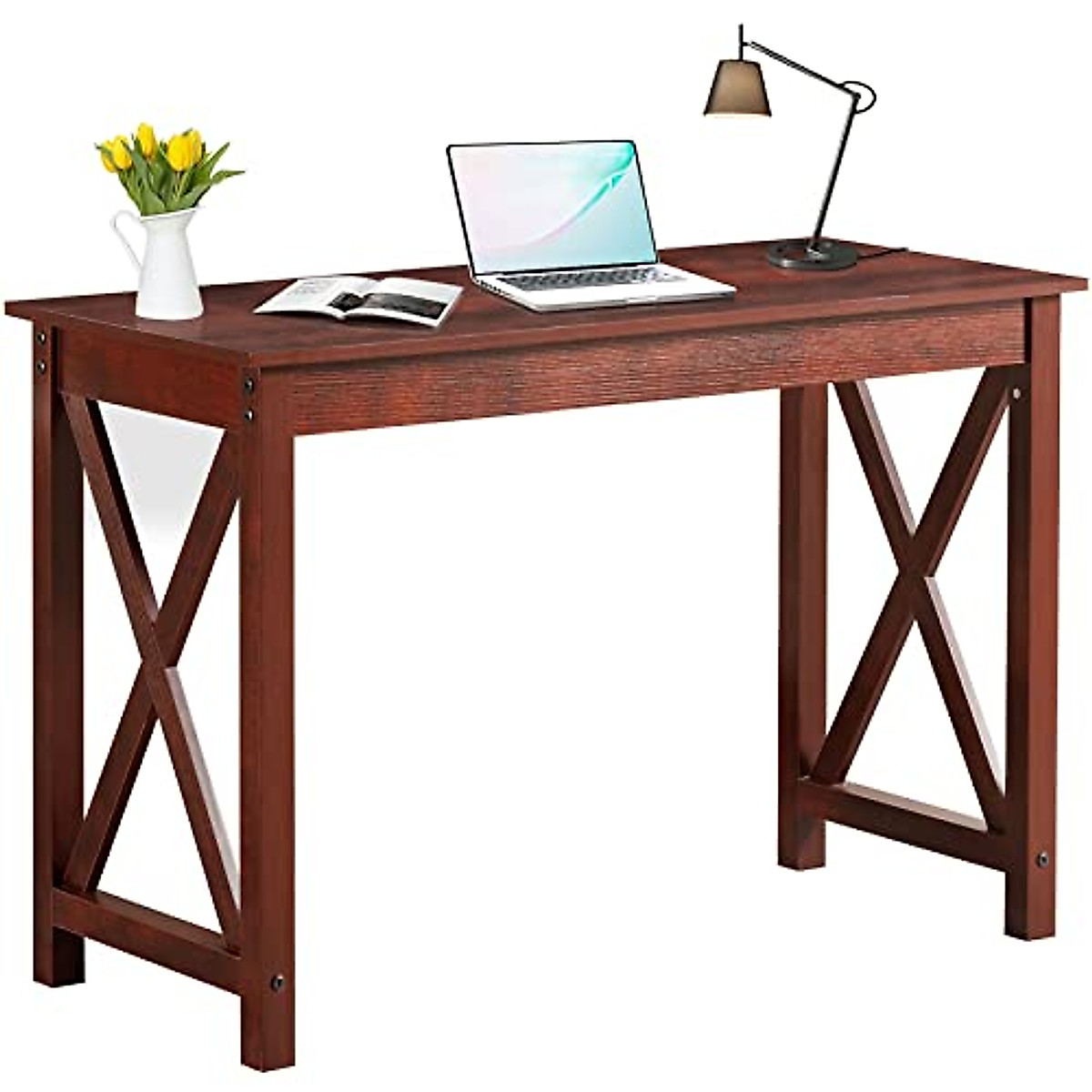 MINOSYS Writing Desk – 43.3” Computer Desk for Home Office, Sturdy Wooden Grain Work Desk with X Frame, Console Table for Living Room, Entryway, Study Room, Sofa, Cherry Color Farmhouse Desk.