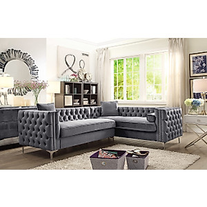 Iconic Home Mozart Elegant Velvet Modern Deeply Tufted with Silver Nailhead Trim Chrome Legs Right Facing Sectional Sofa, Grey