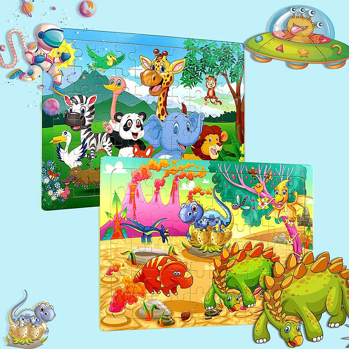 Puzzles for Kids Ages 4-8, 4 Pack Wooden Jigsaw Puzzles 60 Pieces Animal Dinosaur Puzzle Preschool Educational Learning Toys Set for Boys and Girls