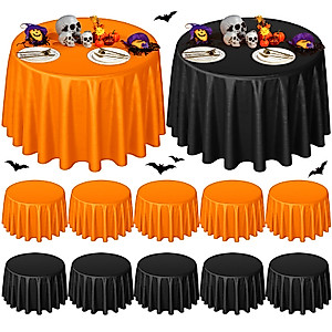 Preboun 12 Pcs Halloween Plastic Tablecloth Orange Black Round Waterproof Disposable Table Cover Round Table Cloths Circle Party Tablecovers for Dining Buffet Outdoor Camping Picnic, 83.86 Inch