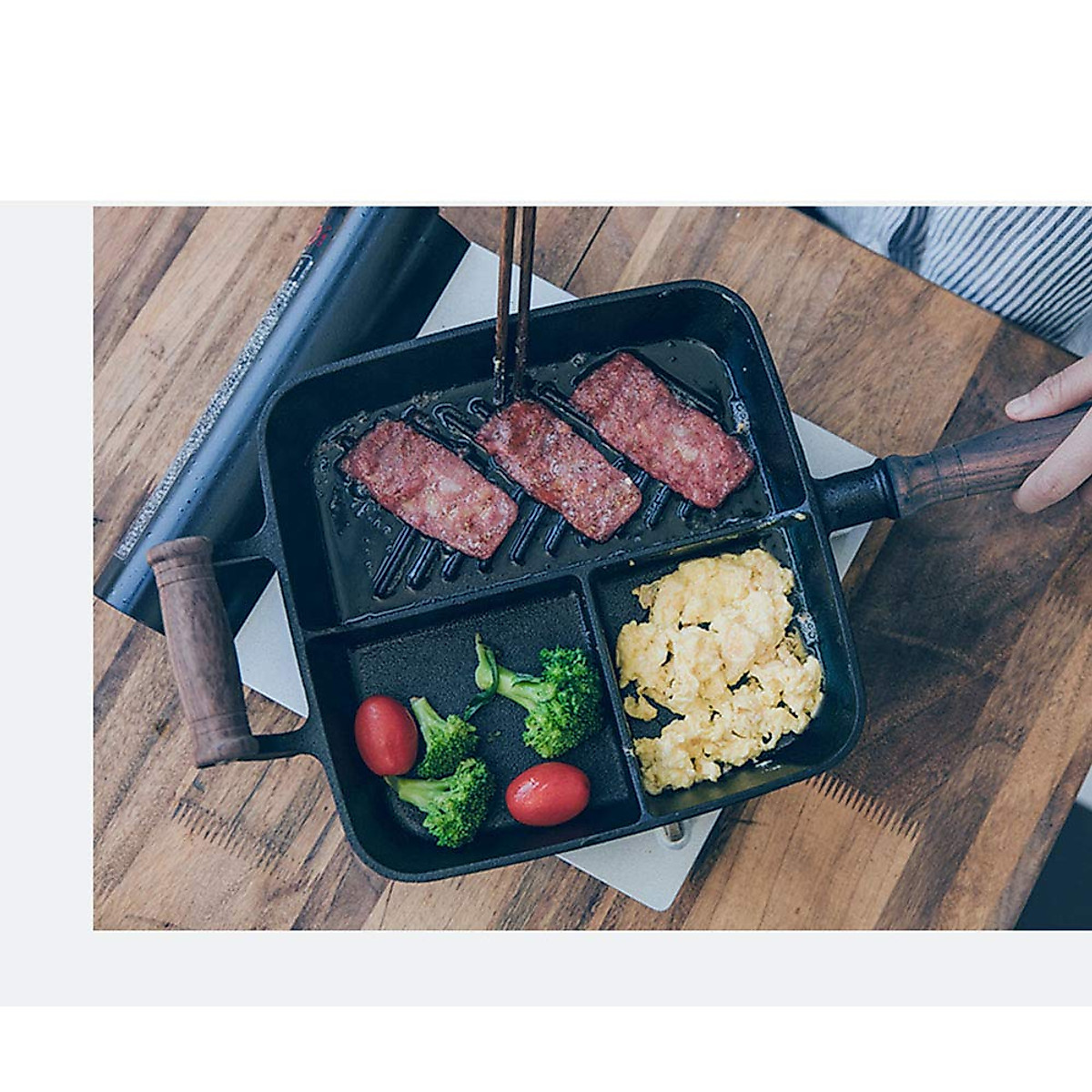 CapriTech Cast Iron Grill Pan 3 Section Breakfast Skillet Frying Pan with 2 Assist Handle for Gas Stove & Induction Cooker