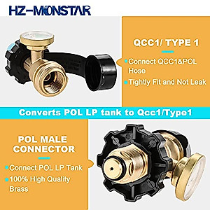 HZ-MONSTAR POL Propane Tank Adapter with Gauge Converts POL LP Tank Service Valve to QCC1/ Type1, Propane Refill Adapter Fits QCC1/ Type1 Propane Tank/ 1 lb Cylinder for RV Camper BBQ Gas Grill Heater