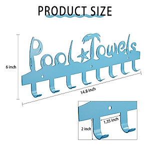 OYEFLY Pool Towel Rack,Wall Mount Towel Hooks Towel Holder with 8 Hooks,Pool Area Outside Sign (Blue, 14.8in)