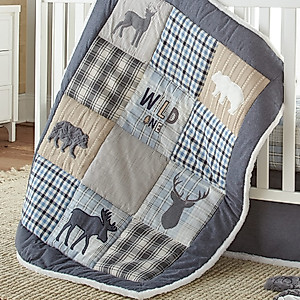 Levtex Baby - Logan Crib Bed Set - Baby Nursery Set - Navy Grey White Blue Taupe Blue - Deers, Bears and Moose - 4 Piece Set Includes Quilt, Fitted Sheet, Wall Decal & Skirt/Dust Ruffle