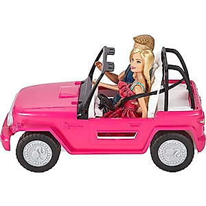 Barbie Car Beach Cruiser with Doll in Sundress and Ken Outfit, Pink 2-Seater Open Toy