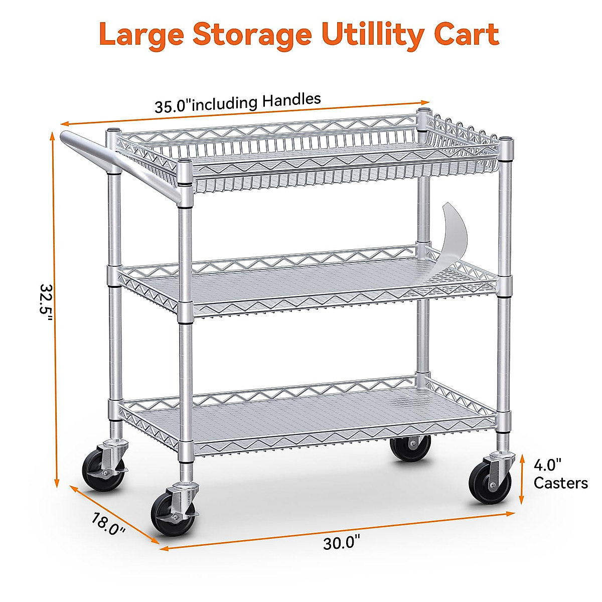 WDT Heavy Duty 3 Tier Rolling Utility Cart, Kitchen Metal Utility Carts with Handle Bar, Utility Shelf Plant Display Shelf Food Cart Storage Trolley with Wheels, Silver