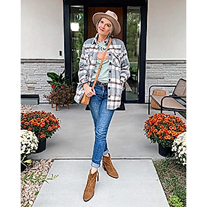 GRAPENT Women's Casual Oversized Boyfriend Plaid Button Down Long Sleeve Shirt Quilted Lined Flannel Shacket Jacket Coat Outerwear Grey Plaid Size Large Size 12 Size 14