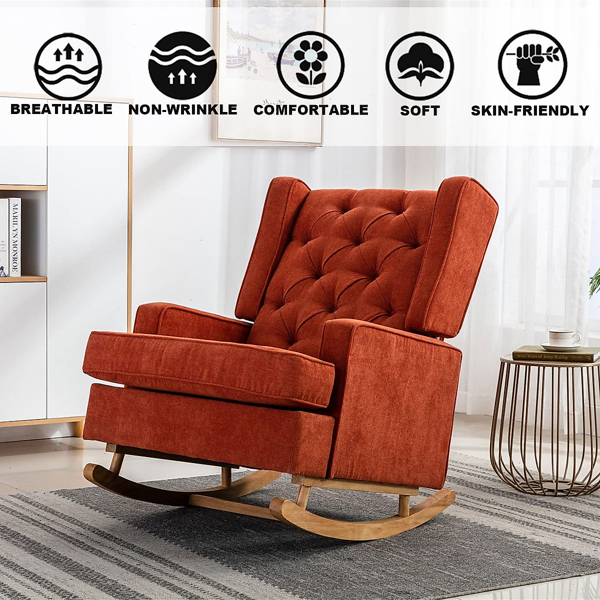 Rocking Chair Nursery,Upholstered Glider Chair for Nursery,Mid Century Modern Oversized Wingback Armchair for Living Room(Orange)