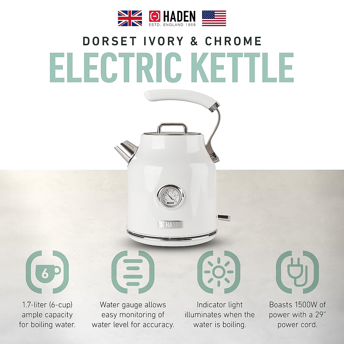 Haden Dorset 1.7 Liter Cordless Electric Kettle with Auto Shut Off for Kitchen, Small Appliances, Counter, and Apartments, Ivory/Chrome