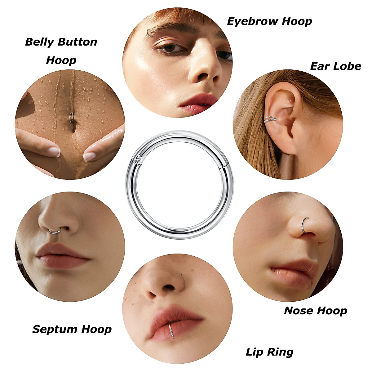 CASSIECA 5Pcs 16G Surgical Steel Nose Rings Hoop for Women CZ Clicker Hinged Septum Ring Lip Helix Cartilage Double Hoop Earring Daith Rook Conch Body Piercing Jewelry for Women 8mm