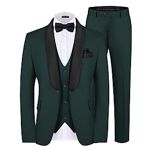 MAGE MALE Men's 3 Piece Suit Slim Fit Solid Shawl Lapel One Button Party Wedding Tuxedo Suits Blazer Jacket Vest Pants Set Dark Green