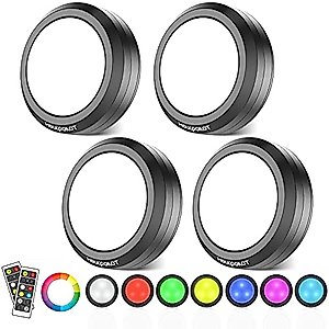 HOLKPOILOT Puck Lights with Remote, Color Changing LED Puck Lights, Battery Operated dimmable Under Cabinet Lights, Under Counter Lights with Timer (4 Pack)