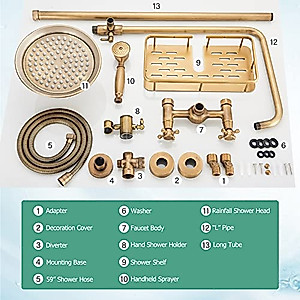 Gmusre Antique Brass Shower Faucet Fixture Wall Mount Brass Rainfall Shower Set 8 Inch Shower Head Dual Cross Handheld Shower Bathroom Shower Faucet System include Shower Shelf