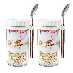 GUUTRY Overnight Oats Containers with lids and Spoons: 24 Oz Mason Jars for Overnight Oats - 2 Pack Glass Food Storage Containers for Oatmeal - Meal Prep Container/Canning Jars/Food Jars & Canisters