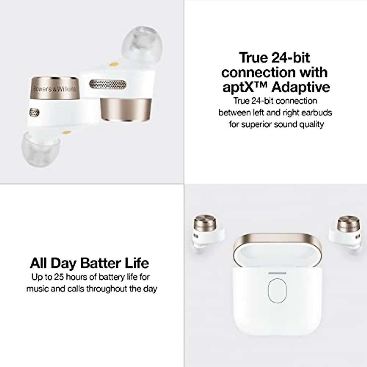 Bowers & Wilkins Pi7 In-Ear True Wireless Headphones (2021 Model), 6 Built-In Mics, Bluetooth 5.0 Qualcomm aptX & Dual Hybrid Drivers, Adaptive Noise Cancellation, Smart Wireless Charging, White