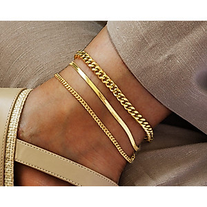 DEARMAY Gold Anklets for Women Waterproof Ankle Bracelets for Women 14K Gold Plated Cuban Link Anklet Bracelets for Women Layered Herringbone Cute Anklets Set Jewelry Gift for Women Teen