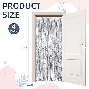 4 Pack 3.2ft x 8.2ft Silver Foil Fringe Curtain Backdrop Metallic Tinsel Foil Fringe Curtains Photo Booth Backdrop for Birthday Party Decorations Christmas Baby Shower Party Decorations (Silver)
