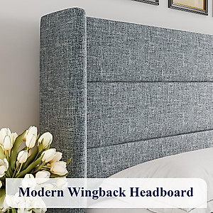 Allewie Full Size Lift Up Storage Bed, Modern Wingback Headboard, Hydraulic Support, No Box Spring Needed, Grey Blue