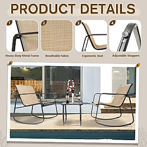 SOLAURA 3 Piece Patio Rocking Bistro Set, Textilene Fabric Outdoor Furniture, Porch Chairs Set with Glass Table for Lawn, Garden, Balcony, Poolside, Khaki