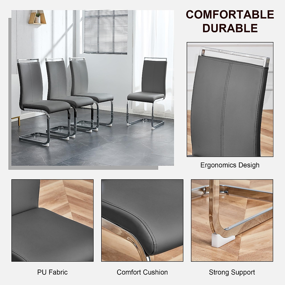 Luxury White Faux Marble Dining Table Set for 6, Modern 63" Long Faux Marble Kitchen Table with 6 Grey PU Leather Dining Chairs, 7-Piece Dining Kitchen Table and Chairs Set for 6