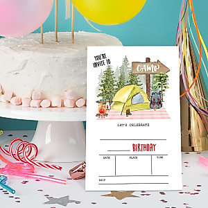 UDNADKEX Camping Birthday Invitations Girl with Envelopes, Invites for Girls Birthday Party Camp, Camp Out Birthday Party Invitations Cards, 4"x6" Set of 20, Yor're Invited to Camp