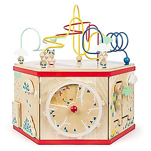 Wooden Activity Cube XL Size by Small Foot – Classic 7-Sided Interactive Toy with Bead Maze, Puzzle, Shape Sorter, Clock & Wheels - Develops Kids Dexterity, Motor Skills – Age 12+ months